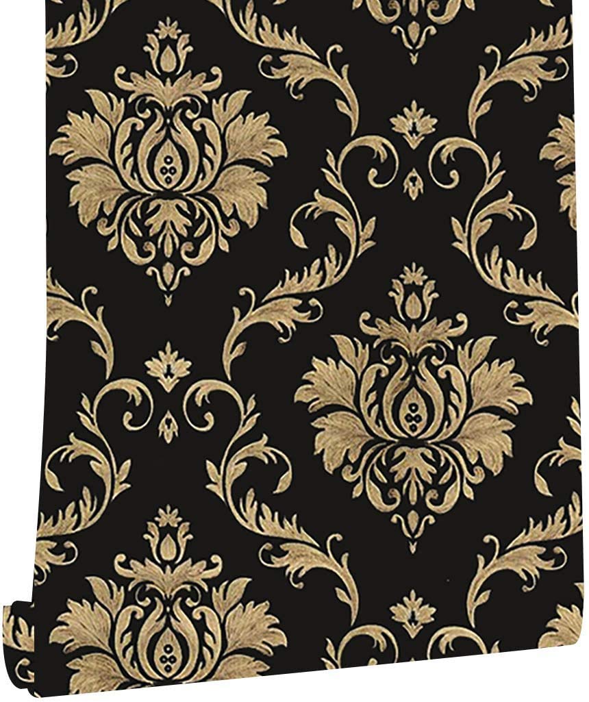 LIFAVOVY Upgrade Thickening Contact Paper Black Gold Damask Wall Paper 17.7 Inch x 32.8 FT Self Adhesive Peel and Stick Wallpaper for Kitchen Countertop Cabinet Furniture Bedroom Decor