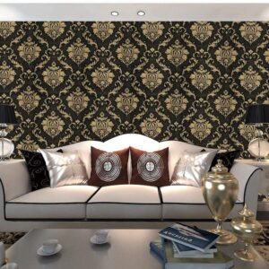 LIFAVOVY Upgrade Thickening Contact Paper Black Gold Damask Wall Paper 17.7 Inch x 32.8 FT Self Adhesive Peel and Stick Wallpaper for Kitchen Countertop Cabinet Furniture Bedroom Decor