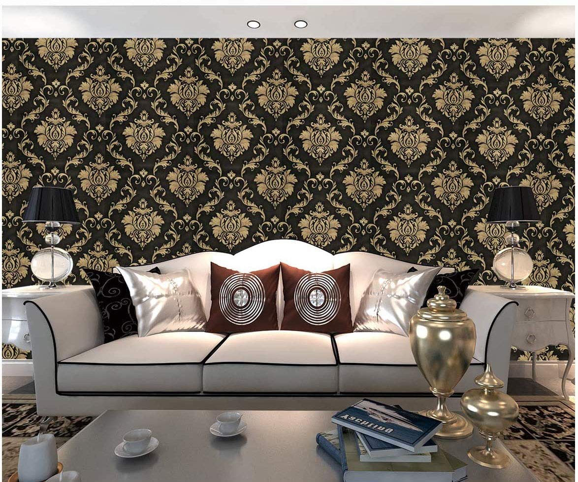 LIFAVOVY Upgrade Thickening Contact Paper Black Gold Damask Wall Paper 17.7 Inch x 32.8 FT Self Adhesive Peel and Stick Wallpaper for Kitchen Countertop Cabinet Furniture Bedroom Decor