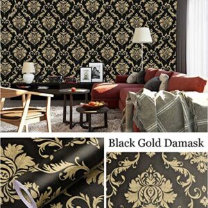 LIFAVOVY Upgrade Thickening Contact Paper Black Gold Damask Wall Paper 17.7 Inch x 32.8 FT Self Adhesive Peel and Stick Wallpaper for Kitchen Countertop Cabinet Furniture Bedroom Decor