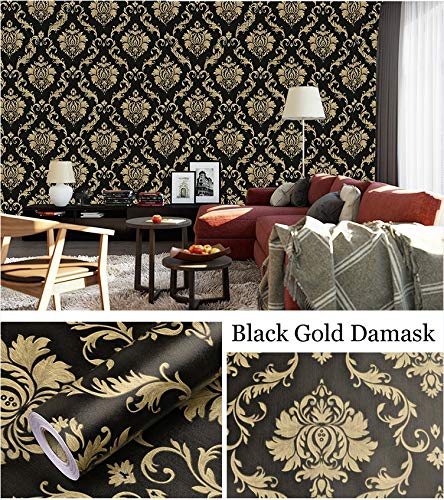 LIFAVOVY Upgrade Thickening Contact Paper Black Gold Damask Wall Paper 17.7 Inch x 32.8 FT Self Adhesive Peel and Stick Wallpaper for Kitchen Countertop Cabinet Furniture Bedroom Decor