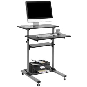 techorbits white mobile standing desk rolling workstation cart - stand up media podium mobile desk