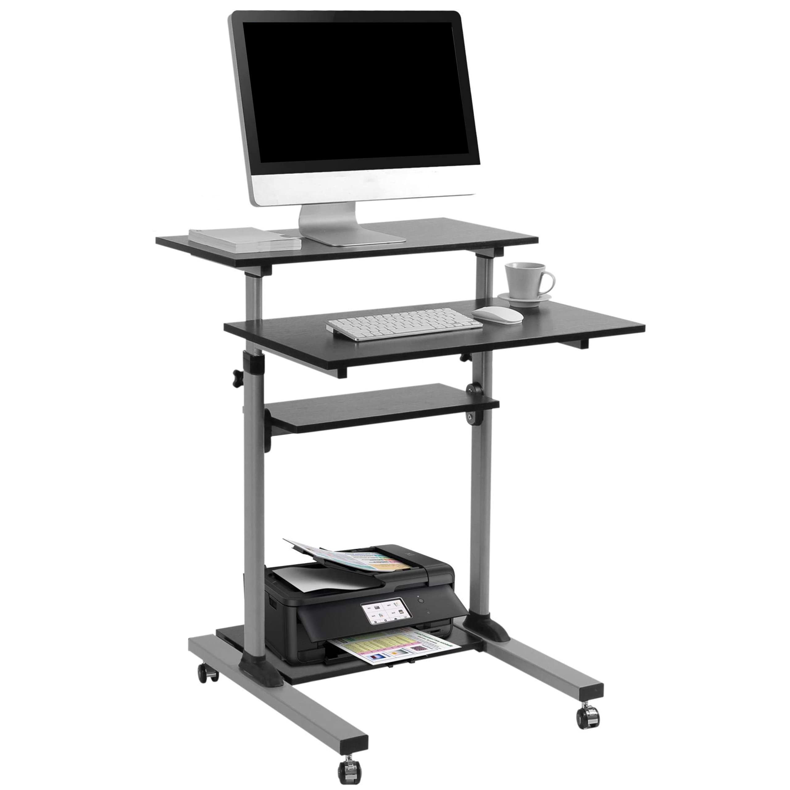 TechOrbits White Mobile Standing Desk Rolling Workstation Cart - Stand Up Media Podium Mobile Desk