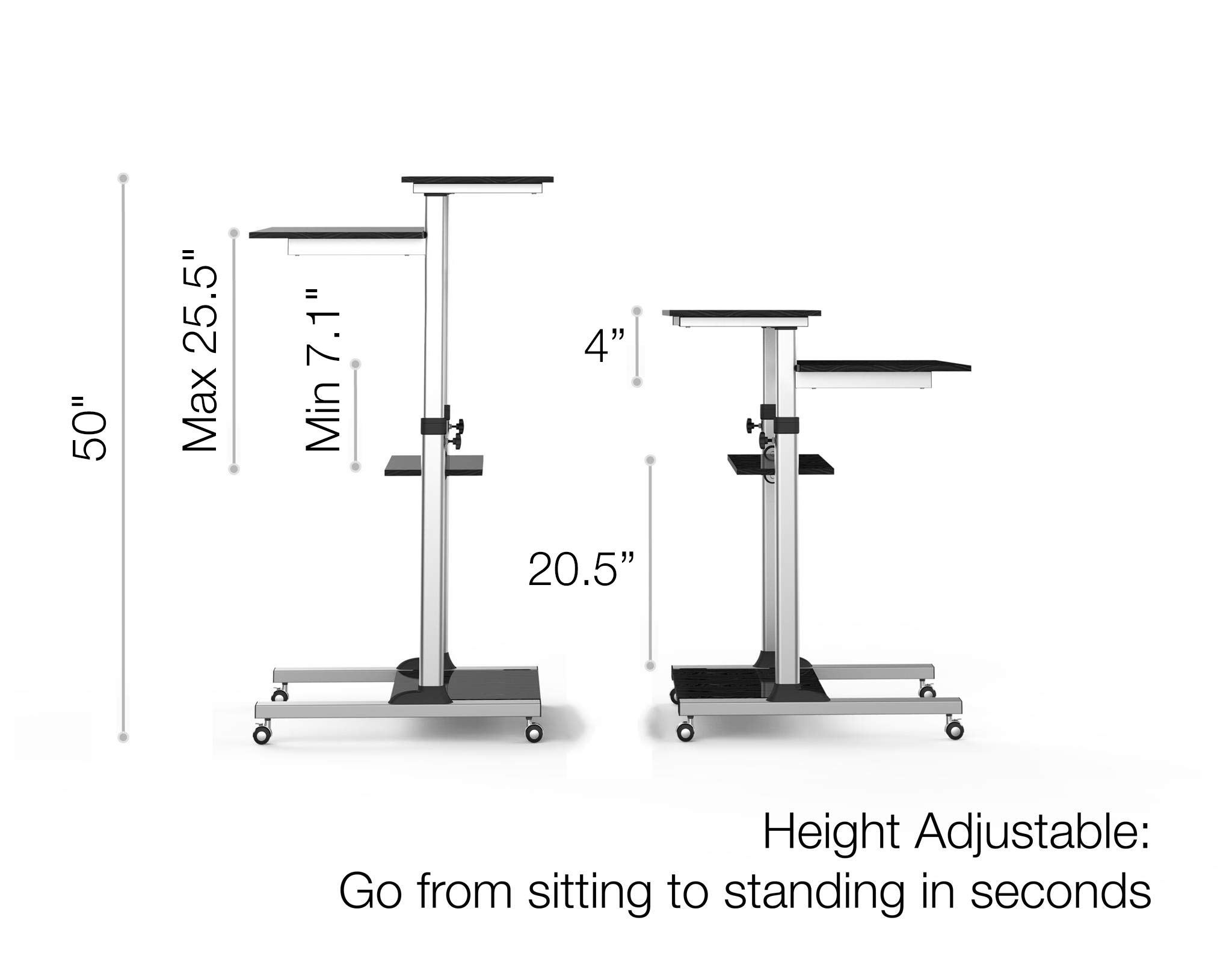 TechOrbits White Mobile Standing Desk Rolling Workstation Cart - Stand Up Media Podium Mobile Desk