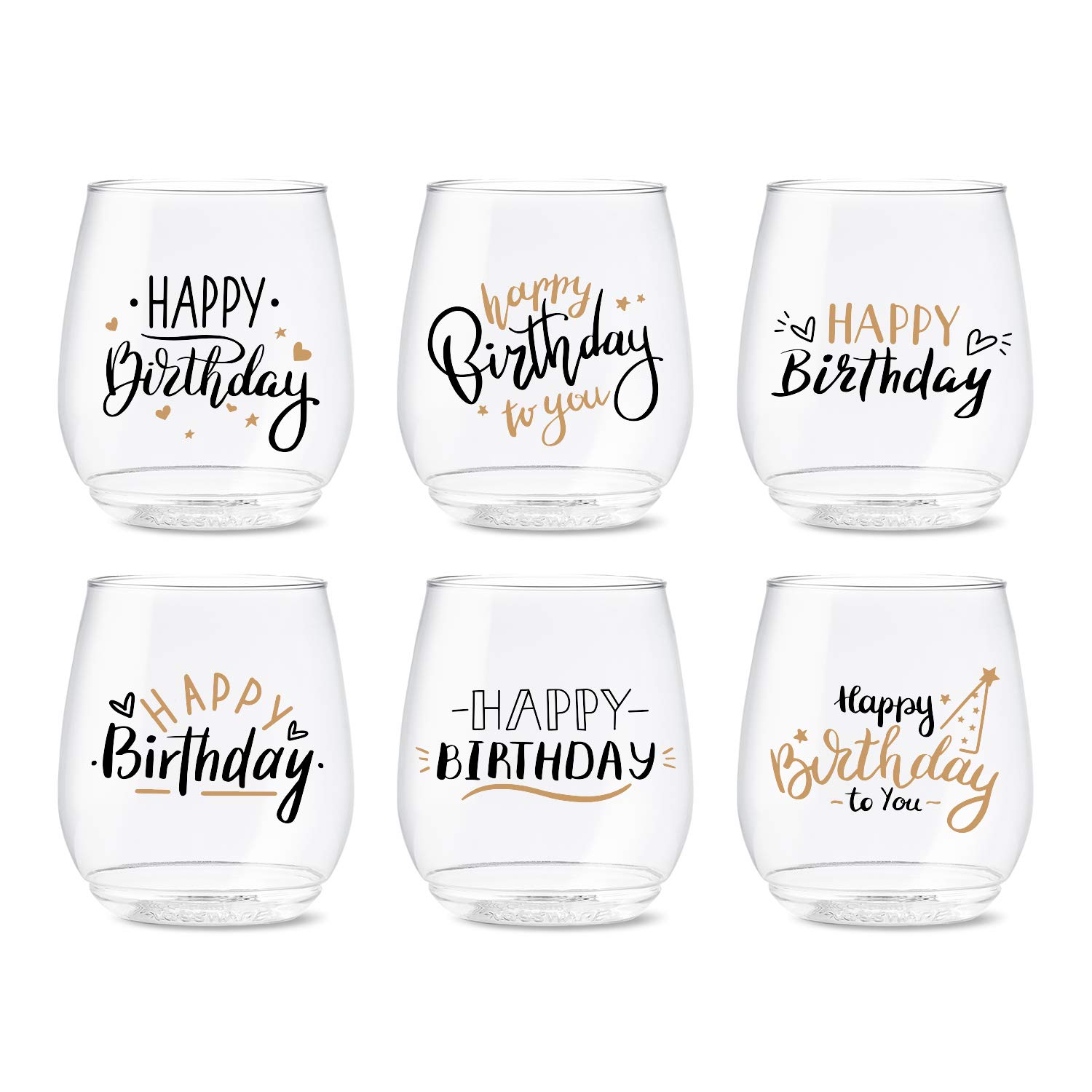 TOSSWARE POP 14oz Vino Golden Birthday Series, SET OF 6, Premium Quality, Recyclable, Unbreakable & Crystal Clear Plastic Printed Glasses