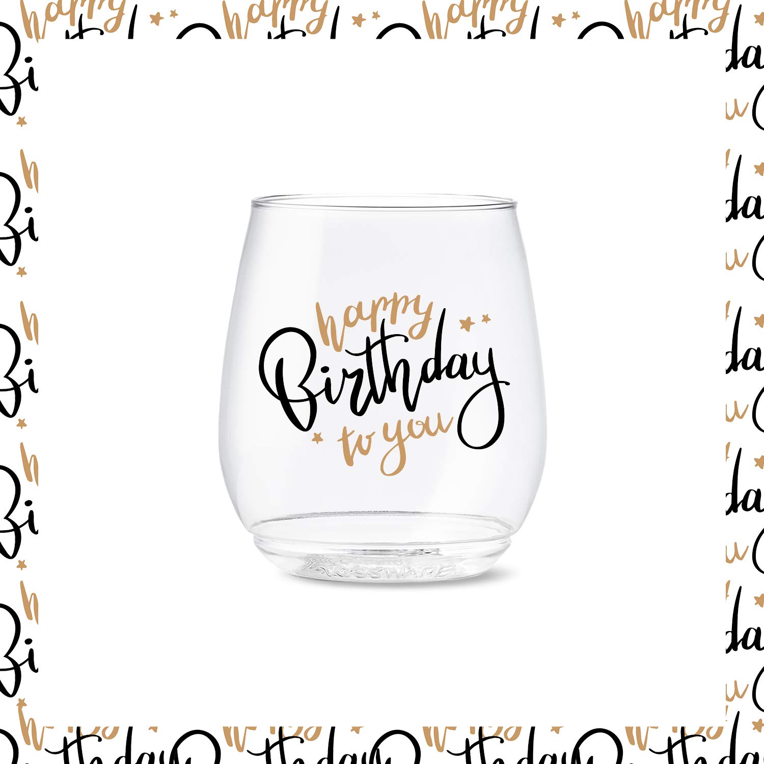 TOSSWARE POP 14oz Vino Golden Birthday Series, SET OF 6, Premium Quality, Recyclable, Unbreakable & Crystal Clear Plastic Printed Glasses