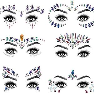 URAQT Face Gems Glitter, 6 Pcs Face Glitter Festival Face Stickers Set, Crystals Stick on Gems for Eyes Body, Self-adhesive Rhinestone Temporary Tattoos Festival Decorations