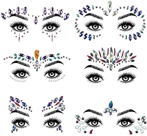 URAQT Face Gems Glitter, 6 Pcs Face Glitter Festival Face Stickers Set, Crystals Stick on Gems for Eyes Body, Self-adhesive Rhinestone Temporary Tattoos Festival Decorations