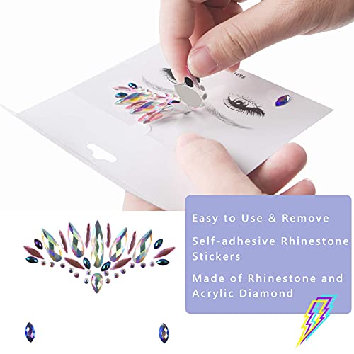 URAQT Face Gems Glitter, 6 Pcs Face Glitter Festival Face Stickers Set, Crystals Stick on Gems for Eyes Body, Self-adhesive Rhinestone Temporary Tattoos Festival Decorations