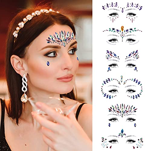 URAQT Face Gems Glitter, 6 Pcs Face Glitter Festival Face Stickers Set, Crystals Stick on Gems for Eyes Body, Self-adhesive Rhinestone Temporary Tattoos Festival Decorations