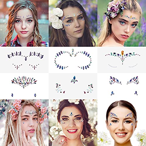 URAQT Face Gems Glitter, 6 Pcs Face Glitter Festival Face Stickers Set, Crystals Stick on Gems for Eyes Body, Self-adhesive Rhinestone Temporary Tattoos Festival Decorations