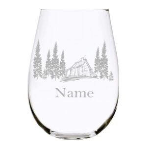 cabin with name 17 oz. stemless wine glass