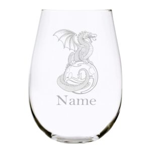 Dragon with name 17 oz. stemless wine glass