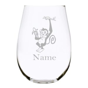 monkey with name 17 oz. stemless wine glass