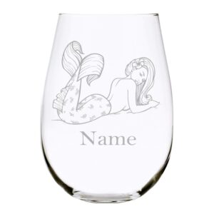 mermaid with name 17 oz. stemless wine glass