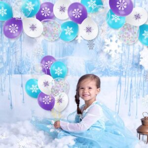 50Pcs Snowflake Balloon with Purple Blue White Latex Balloons, Frozen Snowflake Birthday Party Supplies 12 Inch Winter Theme Balloon for Frozen Baby Shower Winter Wonderland New Year Party Decorations