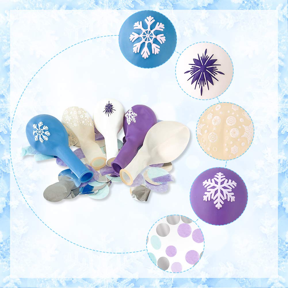 50Pcs Snowflake Balloon with Purple Blue White Latex Balloons, Frozen Snowflake Birthday Party Supplies 12 Inch Winter Theme Balloon for Frozen Baby Shower Winter Wonderland New Year Party Decorations