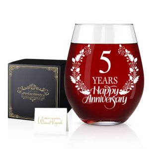 perfectinsoy 5 years happy anniversary wine glass gift box, 5th anniversary wedding gift for mom, dad, wife, couple, soulmate, woman, sister, bday party decorations, funny vintage aged to perfection