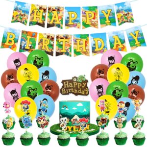 birthday party supplies 46pcs video forest game theme party decorations including 20pcs latex balloons, 1pc happy birthday banner, 24pcs cupcake toppers for children