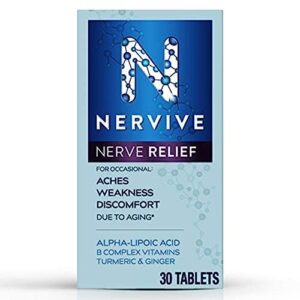 nervive nerve relief, with alpha lipoic acid, to help reduce nerve aches, weakness, & discomfort in fingers, hands, toes, & feet*†, ala, vitamins b12, b6, & b1, turmeric, ginger, 30 daily tablets