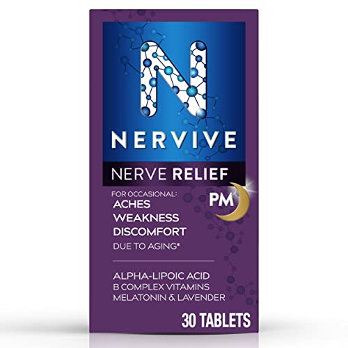 Nervive Nerve Relief PM, with Alpha Lipoic Acid, to help Reduce Nerve Aches, Weakness, & Discomfort in Fingers, Hands, Toes & Feet*†, Vitamins B1&B6, Melatonin, Chamomile, Lavender, 30 Nightly Tablets