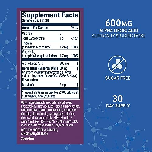 Nervive Nerve Relief PM, with Alpha Lipoic Acid, to help Reduce Nerve Aches, Weakness, & Discomfort in Fingers, Hands, Toes & Feet*†, Vitamins B1&B6, Melatonin, Chamomile, Lavender, 30 Nightly Tablets