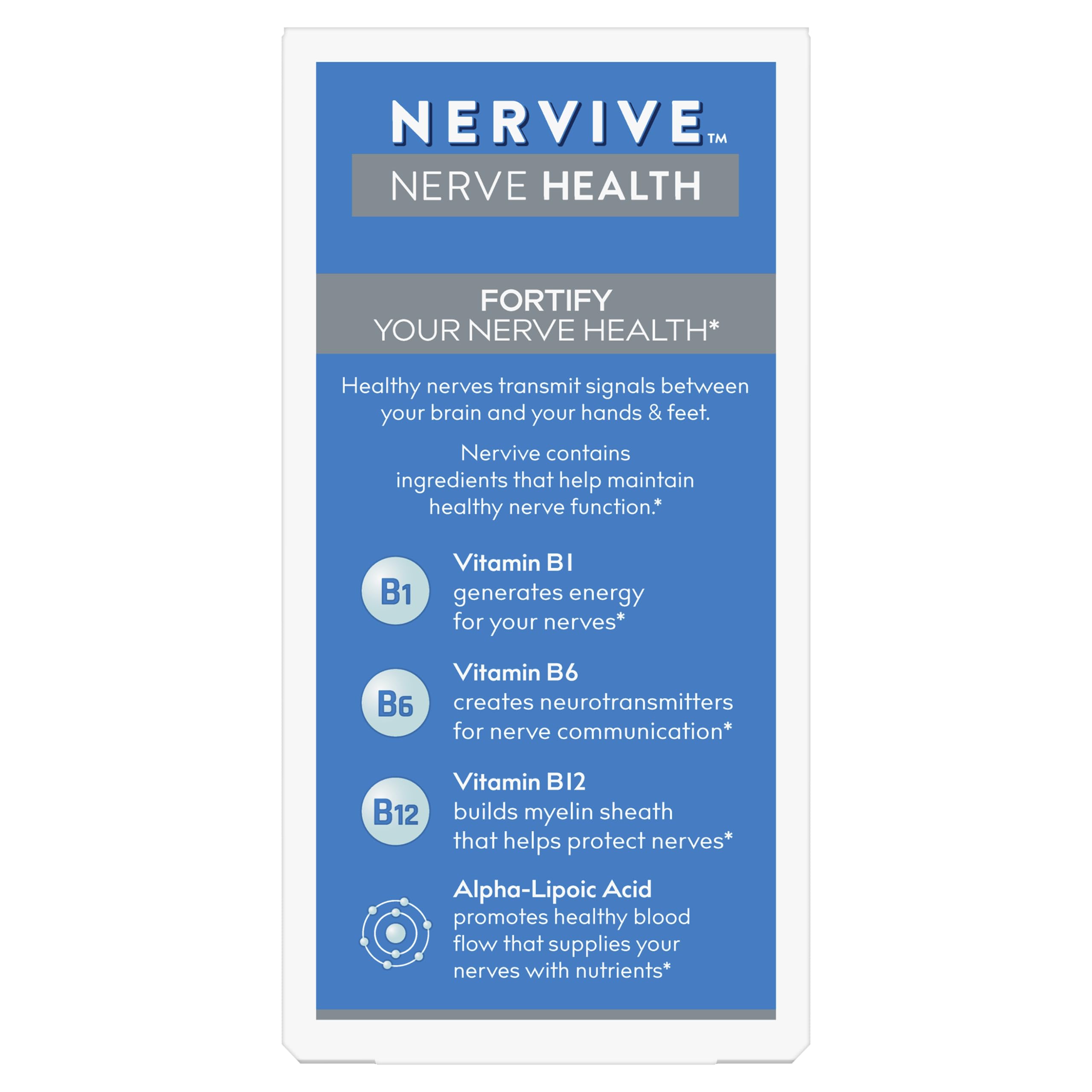 Nervive Nerve Health, with Alpha Lipoic Acid, to Fortify Nerve Health and Support Healthy Nerve Function in Fingers, Hands, Toes, & Feet*, ALA, Vitamins B12, B6, & B1, 30 Daily Tablets