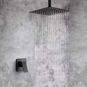 Ceiling Mount Shower Only Faucet Set Matte Black Bathroom Rainfall Shower System with 10 Inch Shower Head and Handle Set Single Function Mixer Shower Trim Kit with Rough-in Valve