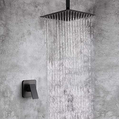 Ceiling Mount Shower Only Faucet Set Matte Black Bathroom Rainfall Shower System with 10 Inch Shower Head and Handle Set Single Function Mixer Shower Trim Kit with Rough-in Valve