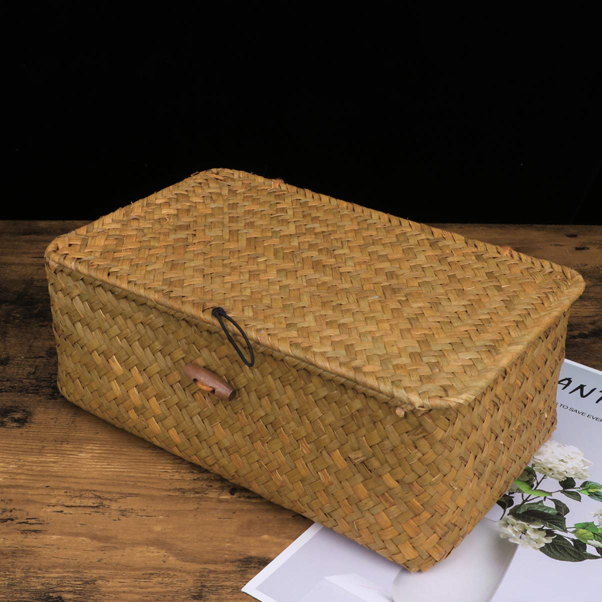 Cabilock Wicker Woven Storage Bin Basket with Lid Makeup Case Organizer Small Basket Storage Baskets with Lids Decorative Makeup Organizer for Drawer Woven Baskets Tissue Box Wooden Rattan