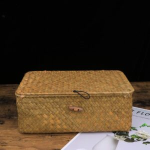 Cabilock Wicker Woven Storage Bin Basket with Lid Makeup Case Organizer Small Basket Storage Baskets with Lids Decorative Makeup Organizer for Drawer Woven Baskets Tissue Box Wooden Rattan