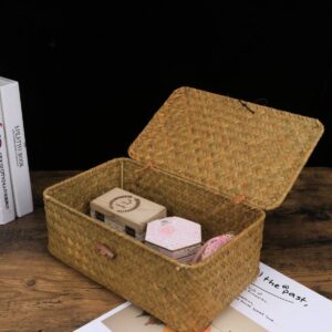 Cabilock Wicker Woven Storage Bin Basket with Lid Makeup Case Organizer Small Basket Storage Baskets with Lids Decorative Makeup Organizer for Drawer Woven Baskets Tissue Box Wooden Rattan