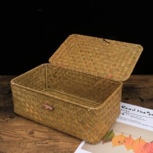 Cabilock Wicker Woven Storage Bin Basket with Lid Makeup Case Organizer Small Basket Storage Baskets with Lids Decorative Makeup Organizer for Drawer Woven Baskets Tissue Box Wooden Rattan