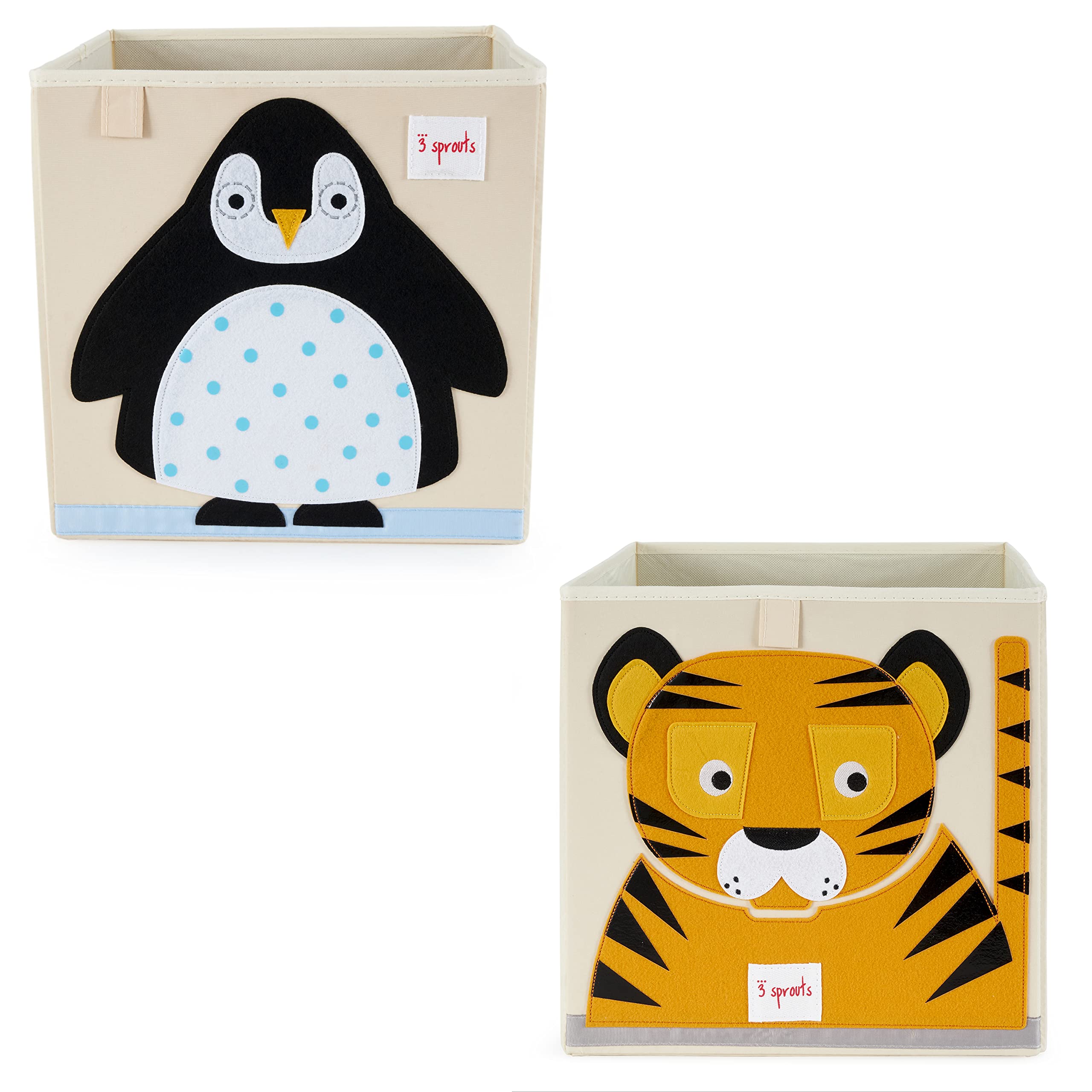 3 Sprouts 13 Inch Square Kids Foldable Fabric Arctic Penguin and Orange Tiger Storage Cube Soft Toy Bins