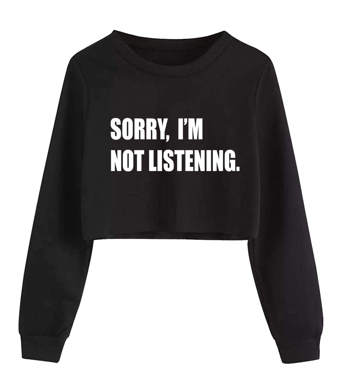 EAST KNITTING Sorry I'm Not Listening Print Girls Crop Tops Teens Crewneck Long Sleeve T-Shirts(Black,150)