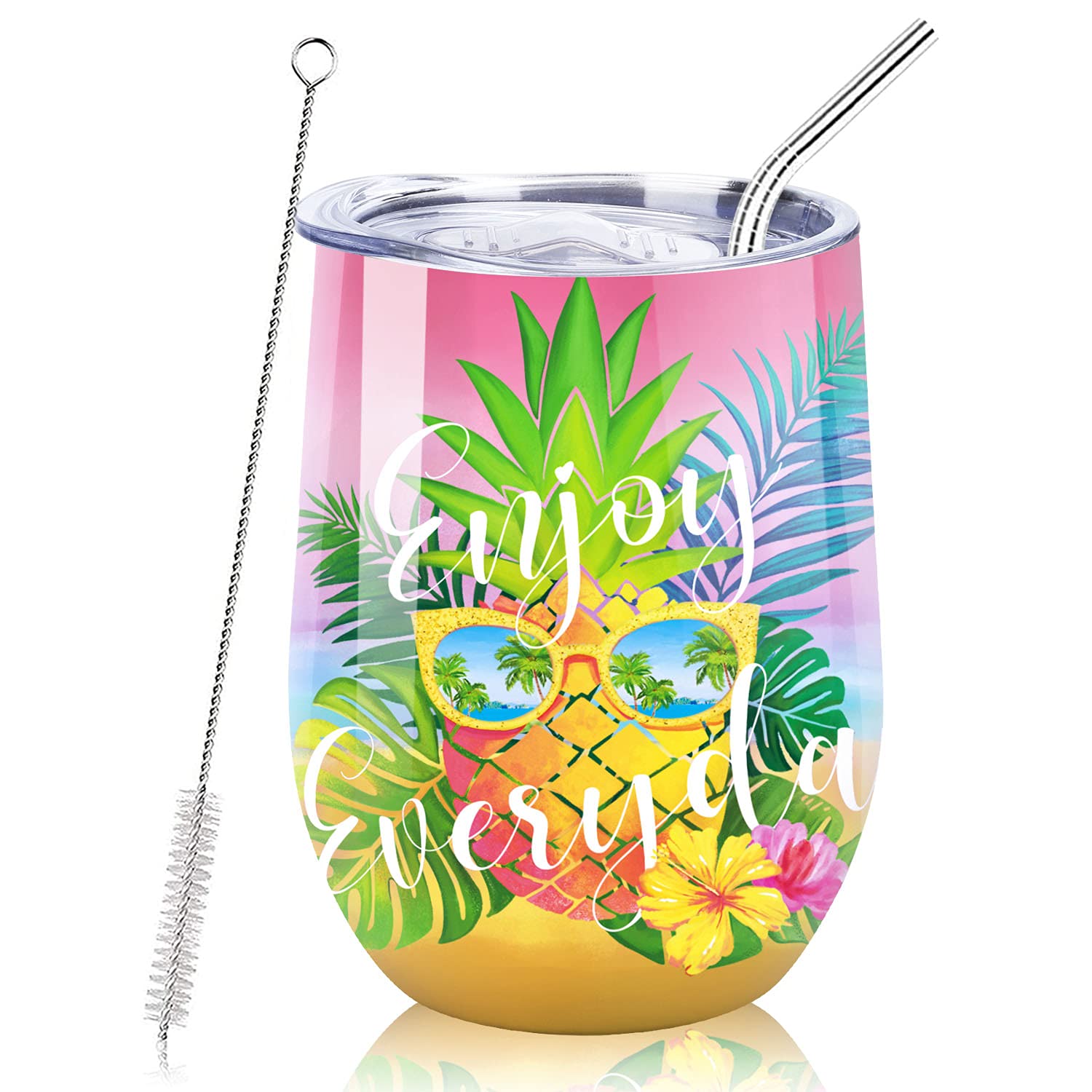 NymphFable 12oz Pineapple Tropical Cup Wine Tumbler with Straw and Lid Insulated Wine Glass Stainless Steel Double Wall