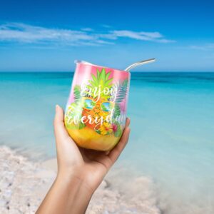 NymphFable 12oz Pineapple Tropical Cup Wine Tumbler with Straw and Lid Insulated Wine Glass Stainless Steel Double Wall