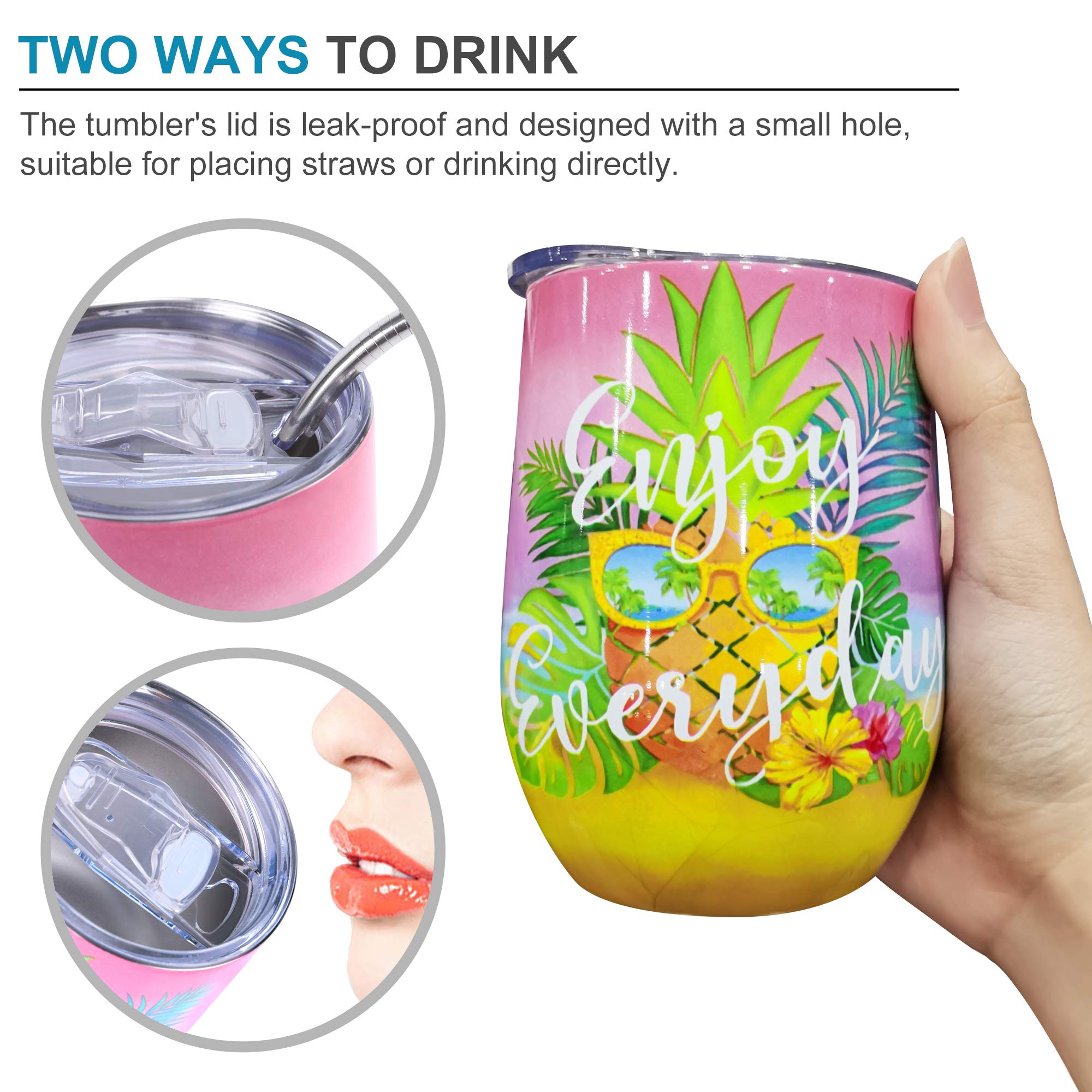 NymphFable 12oz Pineapple Tropical Cup Wine Tumbler with Straw and Lid Insulated Wine Glass Stainless Steel Double Wall