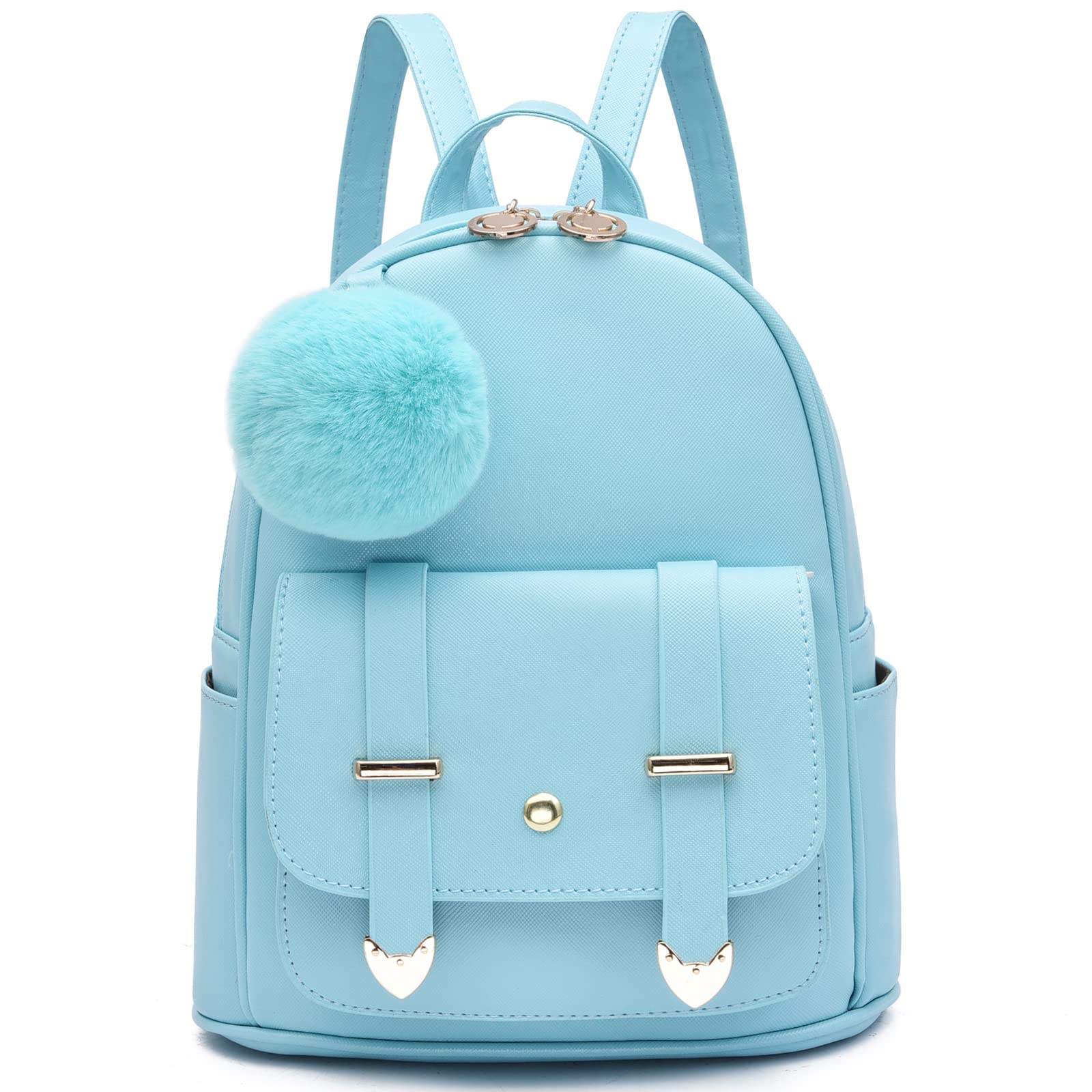 I IHAYNER Girls Fashion Backpack Mini Backpack Purse for Women Teenage Girls Purses PU Leather Pompom Backpack Shoulder Bag Light Blue