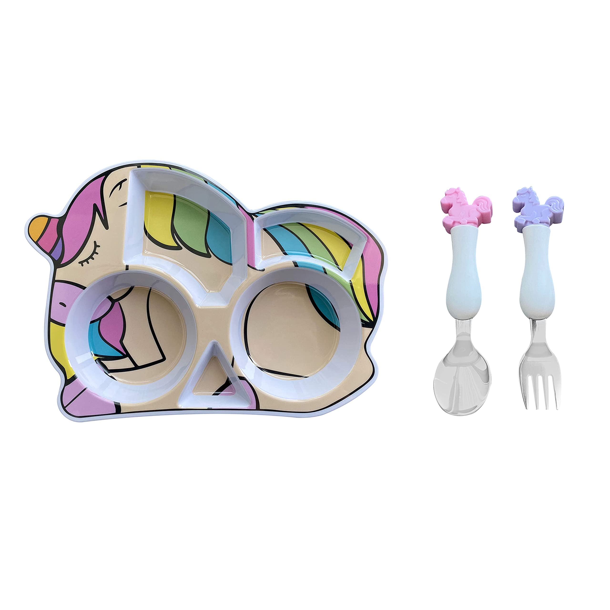 ARI MES Unicorn Shaped Plate and Spoon & Fork Set Divided Plate BPA Free Eco-Friendly Dinnerware Toddler Child Children Kids Meal Plate Feeding Picky Eater Girls (Unicorn Plate + Spoon & Fork)