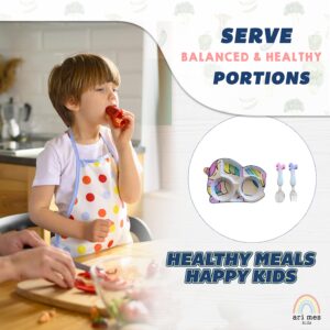 ARI MES Unicorn Shaped Plate and Spoon & Fork Set Divided Plate BPA Free Eco-Friendly Dinnerware Toddler Child Children Kids Meal Plate Feeding Picky Eater Girls (Unicorn Plate + Spoon & Fork)