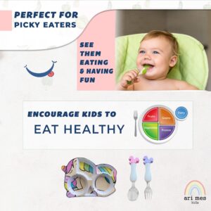 ARI MES Unicorn Shaped Plate and Spoon & Fork Set Divided Plate BPA Free Eco-Friendly Dinnerware Toddler Child Children Kids Meal Plate Feeding Picky Eater Girls (Unicorn Plate + Spoon & Fork)