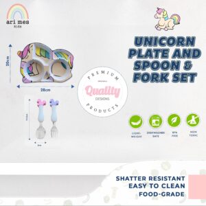 ARI MES Unicorn Shaped Plate and Spoon & Fork Set Divided Plate BPA Free Eco-Friendly Dinnerware Toddler Child Children Kids Meal Plate Feeding Picky Eater Girls (Unicorn Plate + Spoon & Fork)