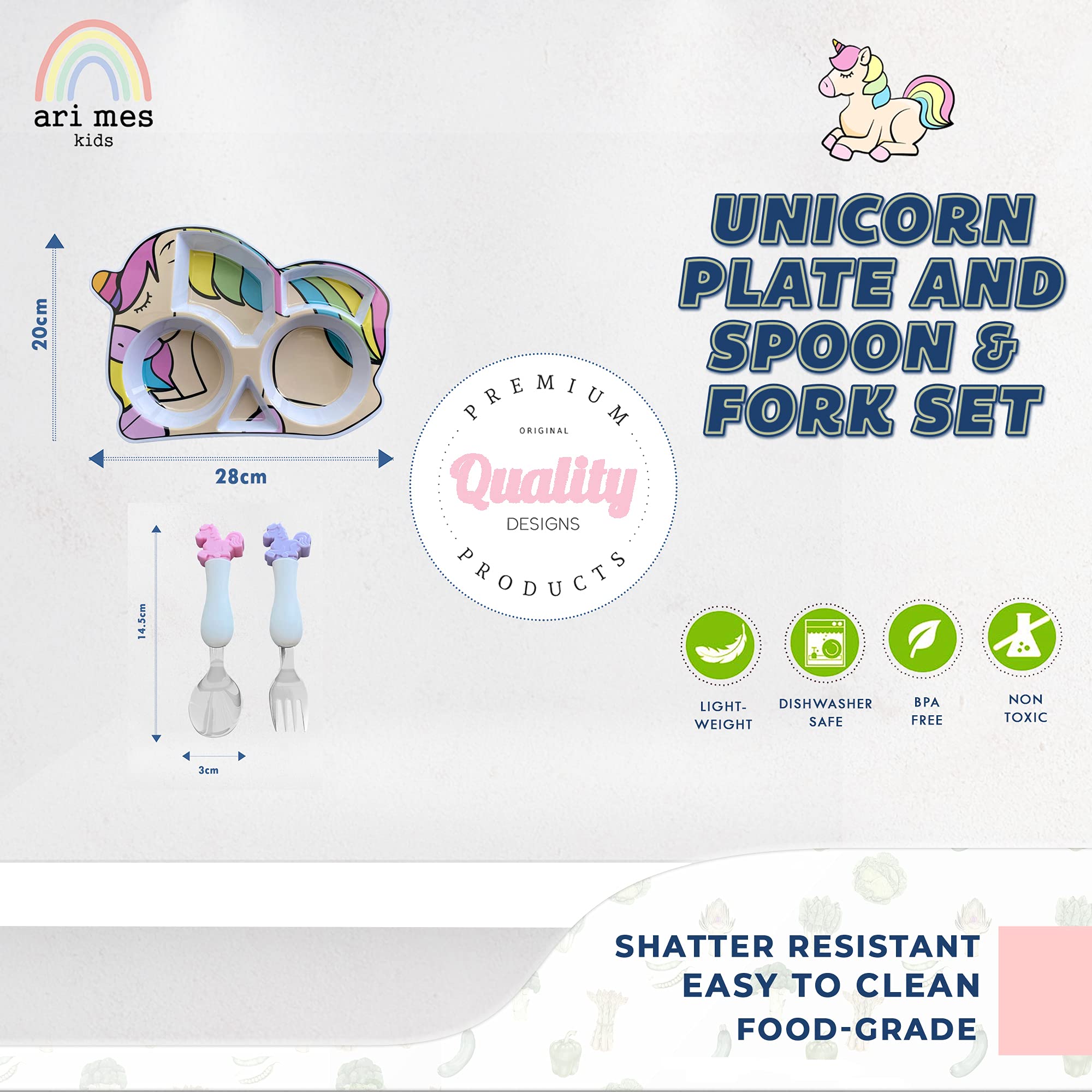 ARI MES Unicorn Shaped Plate and Spoon & Fork Set Divided Plate BPA Free Eco-Friendly Dinnerware Toddler Child Children Kids Meal Plate Feeding Picky Eater Girls (Unicorn Plate + Spoon & Fork)