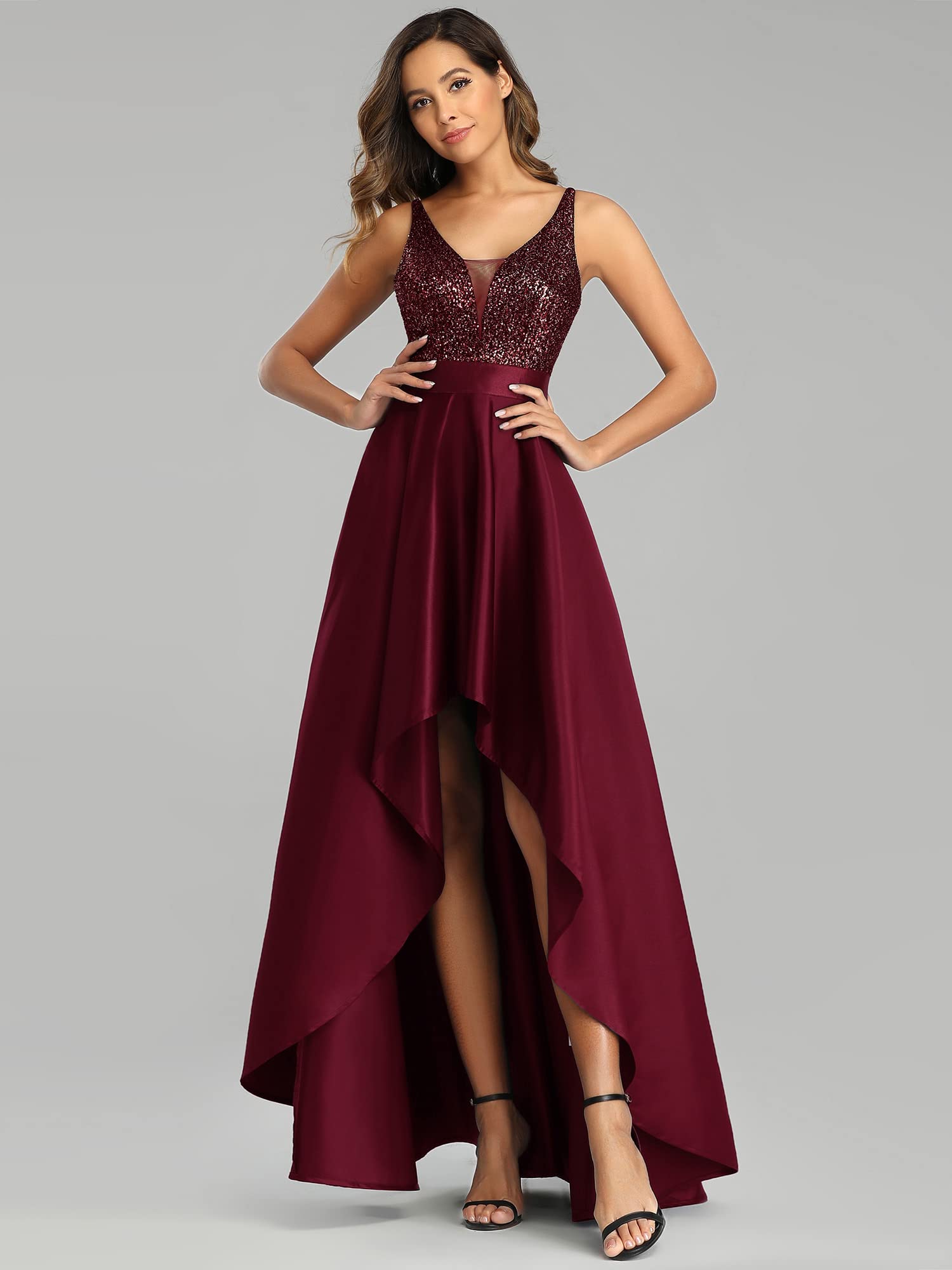 Ever-Pretty Women's V Neck A-line High-Low Party Dress Long Evening Dress Burgundy US4