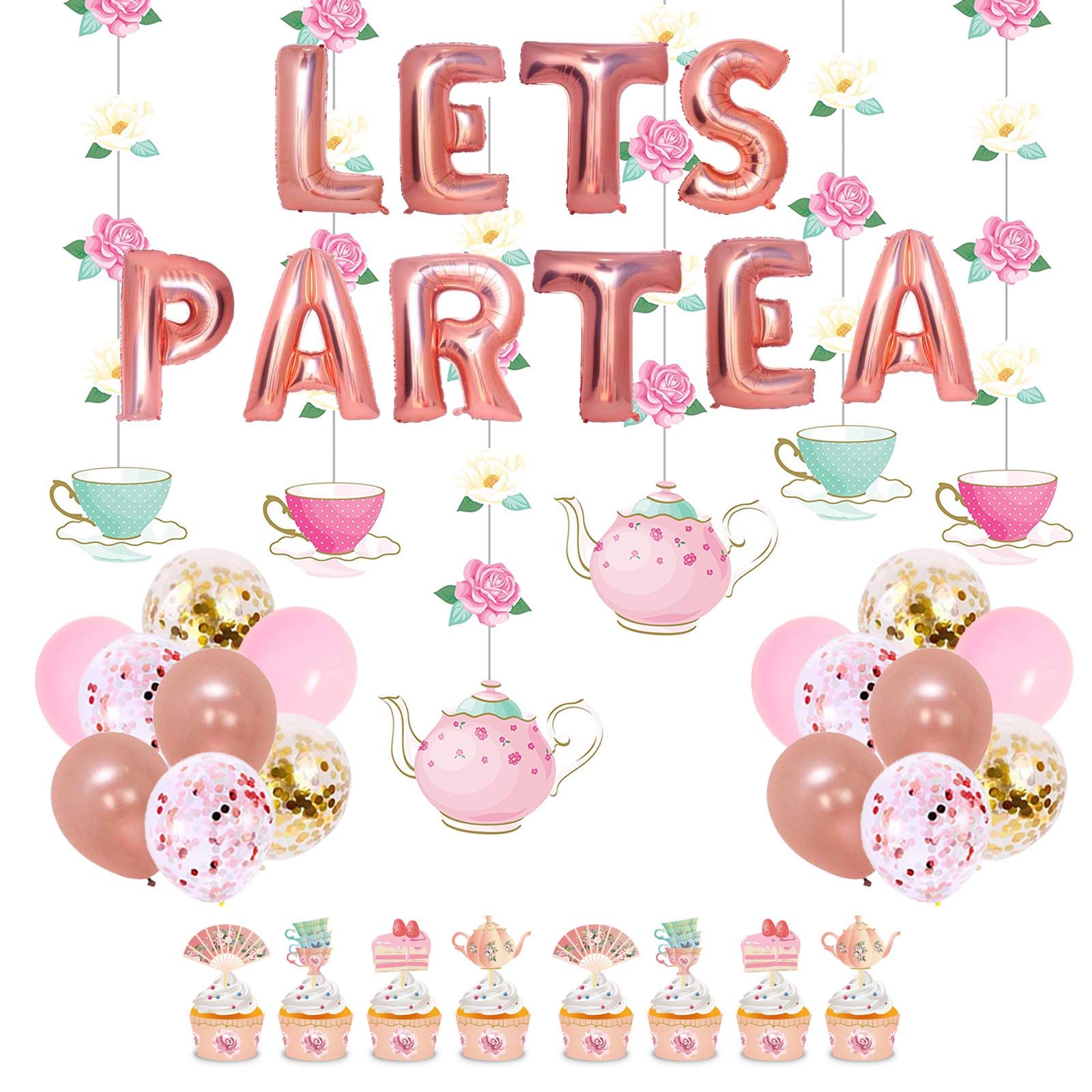 JOPARY Tea Party Decorations with LET'S PAR TEA Aluminum Foil Balloons Floral Tea Party Hanging Decorations Latex Balloons and Teapots Teacups Cupcake Toppers for Lets Par-Tea Party Decor