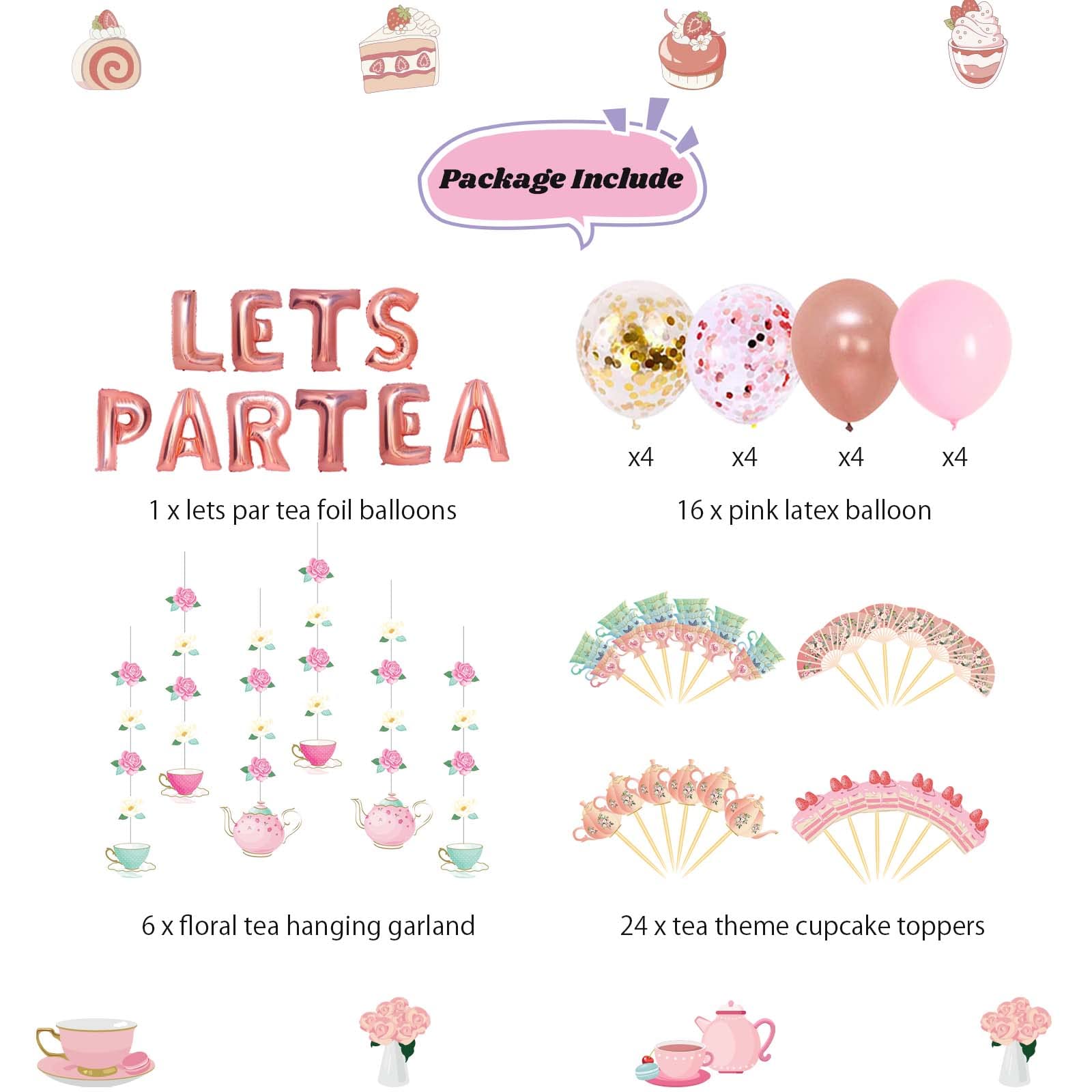 JOPARY Tea Party Decorations with LET'S PAR TEA Aluminum Foil Balloons Floral Tea Party Hanging Decorations Latex Balloons and Teapots Teacups Cupcake Toppers for Lets Par-Tea Party Decor