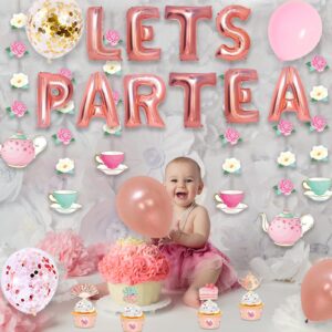 JOPARY Tea Party Decorations with LET'S PAR TEA Aluminum Foil Balloons Floral Tea Party Hanging Decorations Latex Balloons and Teapots Teacups Cupcake Toppers for Lets Par-Tea Party Decor