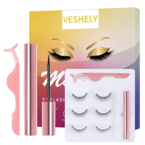 veshely natural magnetic eyelashes with eyeliner,3 pairs natural look false lashes kit,3d short magnetic eyelash set - no glue needed