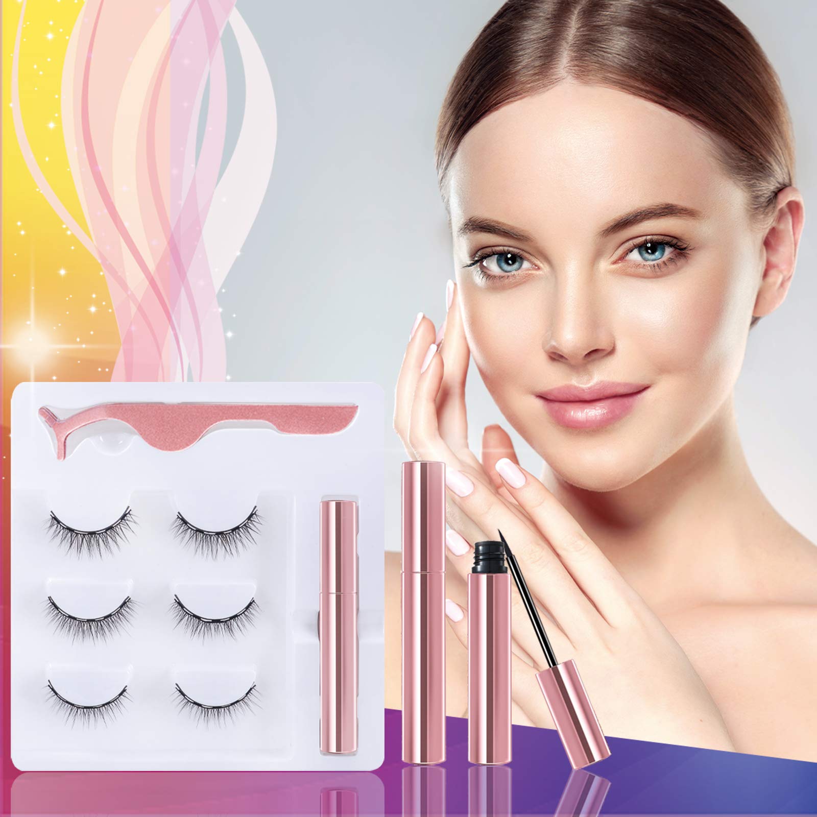 VESHELY Natural Magnetic Eyelashes with Eyeliner,3 Pairs Natural Look False Lashes Kit,3D Short Magnetic Eyelash Set - No Glue Needed